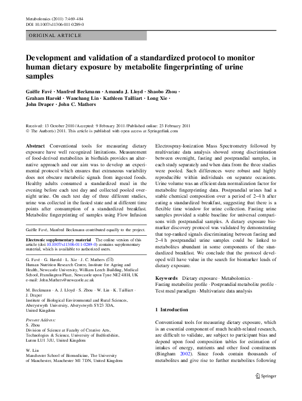 (PDF) Development and validation of a standardized protocol to monitor human dietary exposure by ...