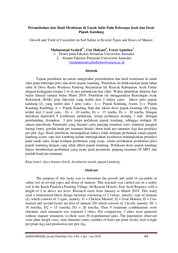 (PDF) Pertumbuhan dan Hasil Mentimun di Tanah Salin Pada Beberapa Jenis ...