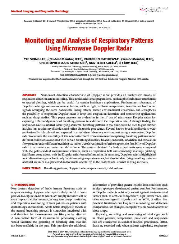(PDF) Monitoring and Analysis of Respiratory Patterns Using Microwave Doppler Radar
