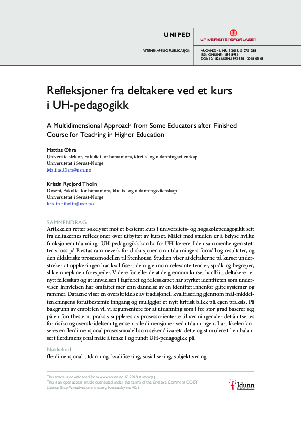 (PDF) Refleksjoner fra deltakere ved et kurs i UH-pedagogikk | Mattias ...