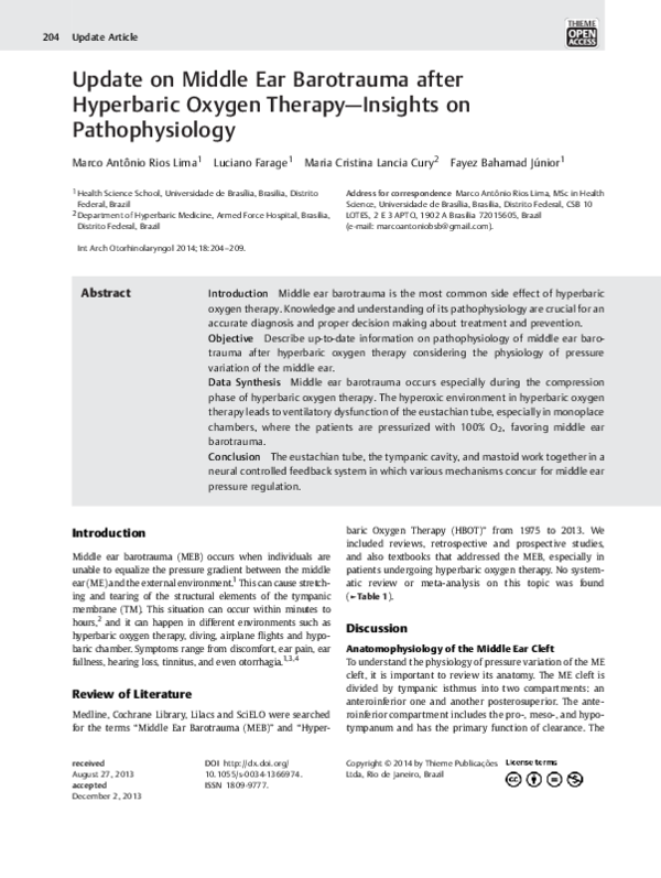 (PDF) Update on Middle Ear Barotrauma after Hyperbaric Oxygen Therapy ...