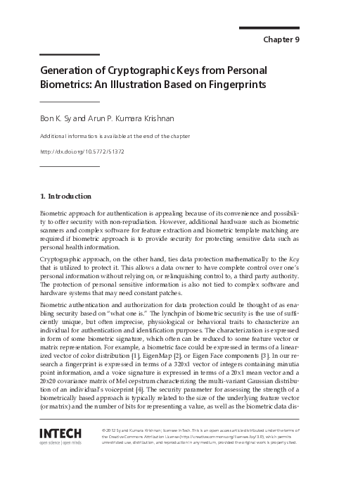 Pdf Generation Of Cryptographic Keys From Personal Biometrics An Illustration Based On