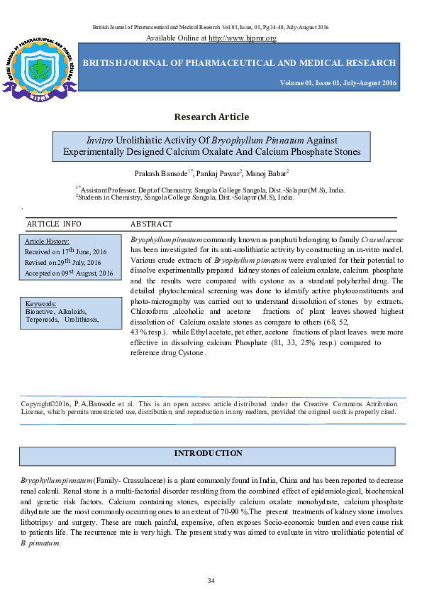 (PDF) Invitro Urolithiatic Activity Of Bryophyllum Pinnatum Against ...