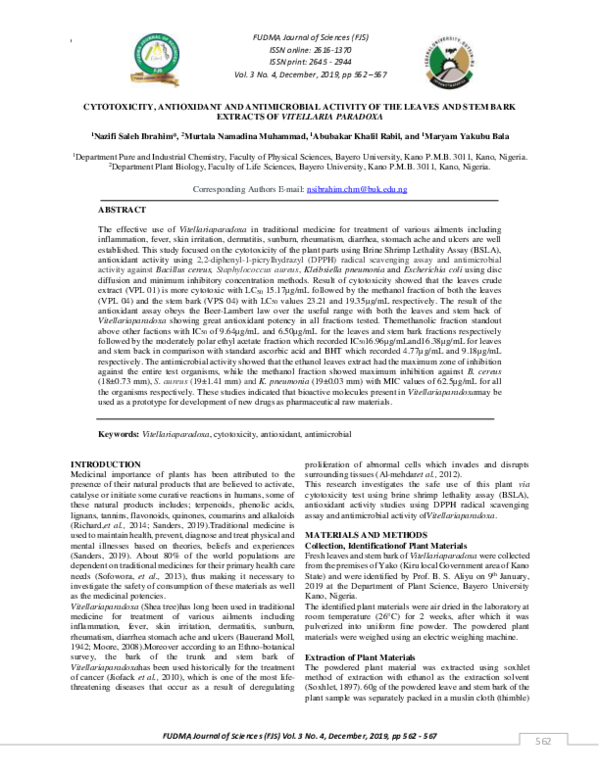 (PDF) Cytotoxicity, Antioxidant and Antimicrobial Activity of the Leaves and Stem Bark Extracts ...