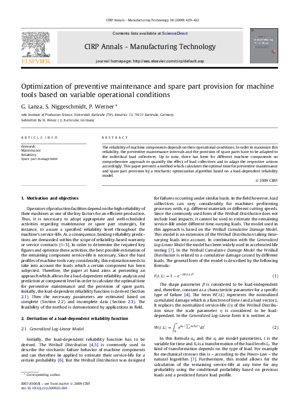 (PDF) Optimization of preventive maintenance and spare part provision for machine tools based on ...
