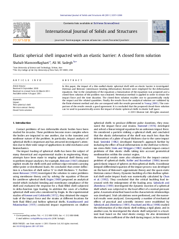 Pdf Elastic Spherical Shell Impacted With An Elastic Barrier A