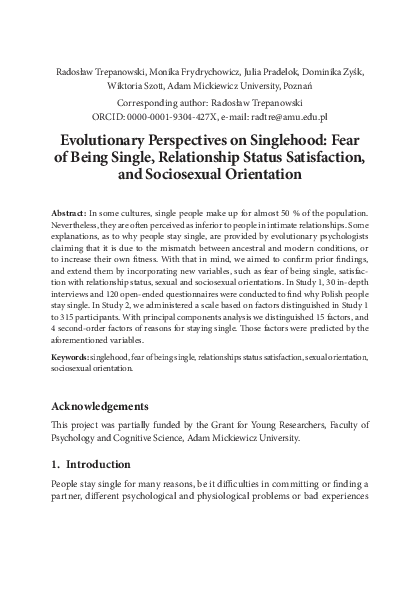 (PDF) Evolutionary Perspectives on Singlehood: Fear of Being Single, Relationship Status ...