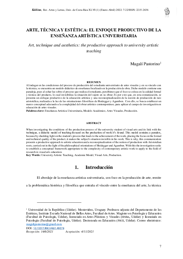 (PDF) Arte, técnica y estética: El enfoque productivo de la enseñanza artística universitaria