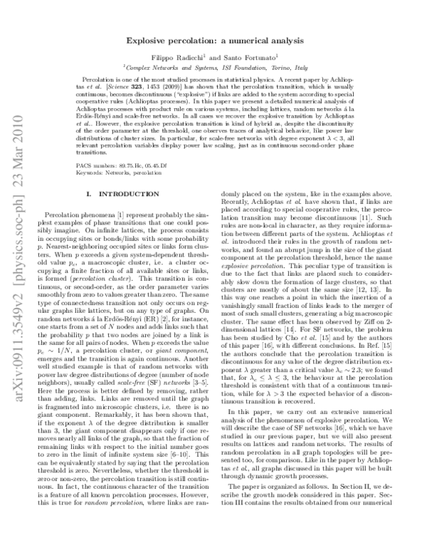 (PDF) Explosive percolation: A numerical analysis