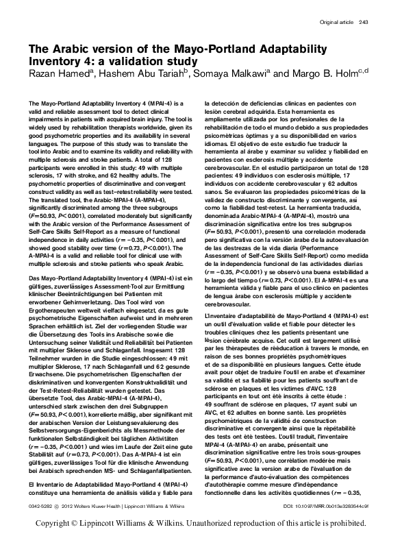 (PDF) The Arabic version of the Mayo-Portland Adaptability Inventory 4