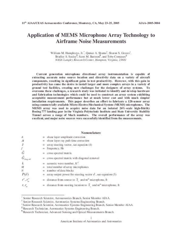 (PDF) Application of MEMS Microphone Array Technology to Airframe Noise Measurements