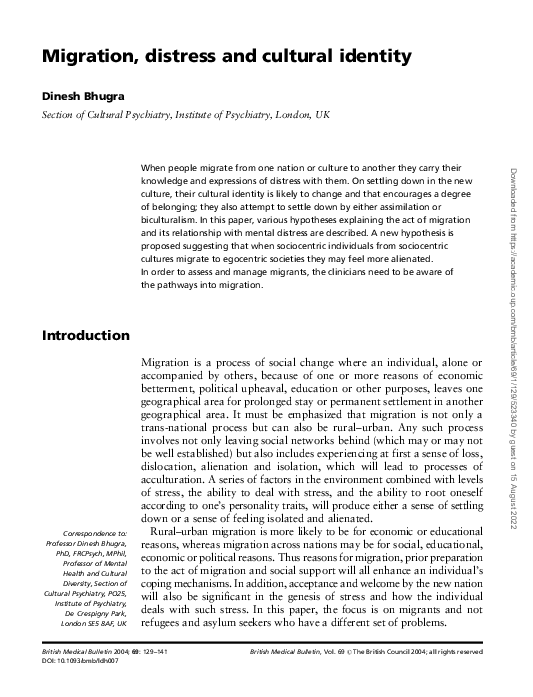 (PDF) Migration, distress and cultural identity