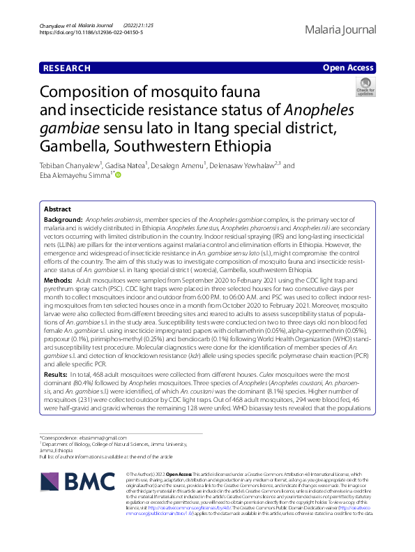 (PDF) Composition of mosquito fauna and insecticide resistance status of Anopheles gambiae sensu ...