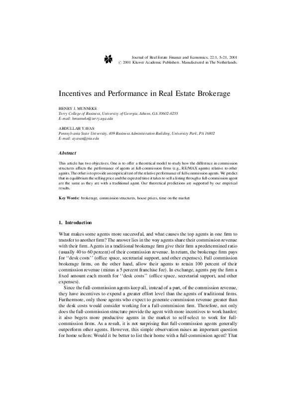 (PDF) Incentives and Performance in Real Estate Brokerage