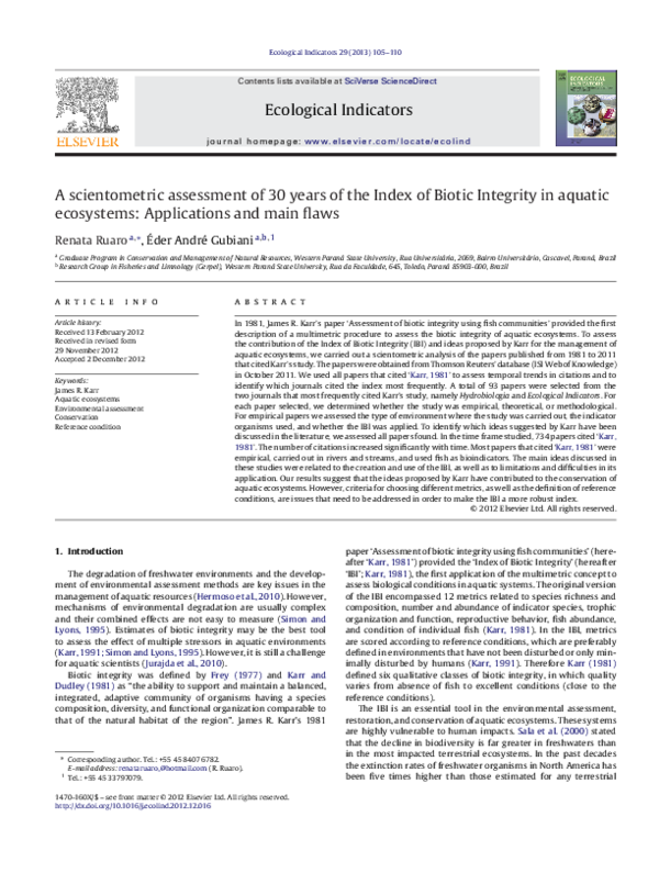 (PDF) A scientometric assessment of 30 years of the Index of Biotic ...