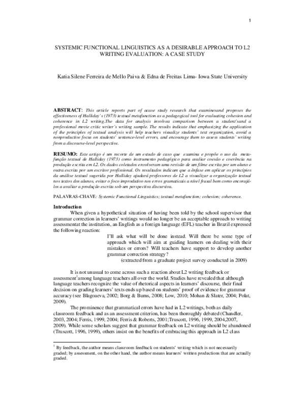 (PDF) Systemic Functional Linguistics as a Desirable Approach to L 2 Writing Evaluation : A Case ...