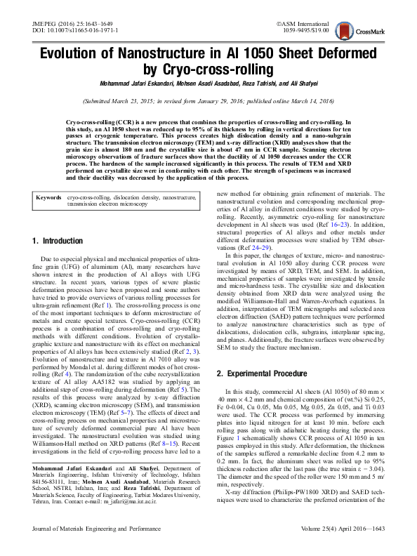 (PDF) Evolution of Nanostructure in Al 1050 Sheet Deformed by Cryo ...