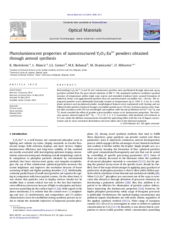 (PDF) Photoluminescent properties of nanostructured Y2O3:Eu3+ powders obtained through aerosol ...
