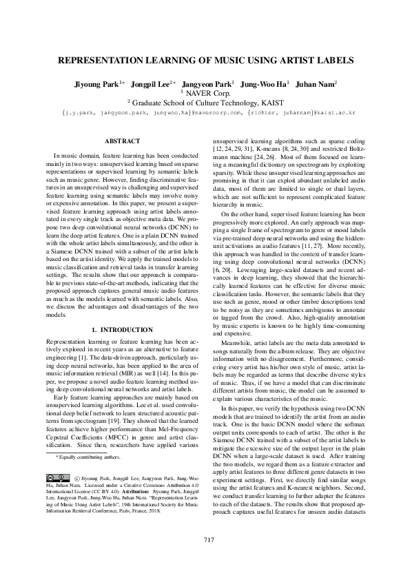 (PDF) Representation Learning of Music Using Artist Labels