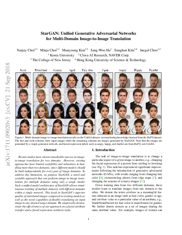 Pdf Stargan Unified Generative Adversarial Networks For Multi Domain Image To Image Translation