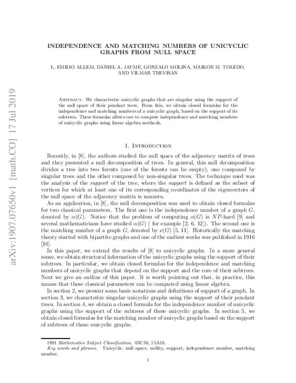 (PDF) Independence and matching numbers of unicyclic graphs from null space