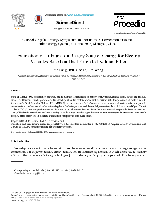 Pdf Estimation Of Lithium Ion Battery State Of Charge For Electric