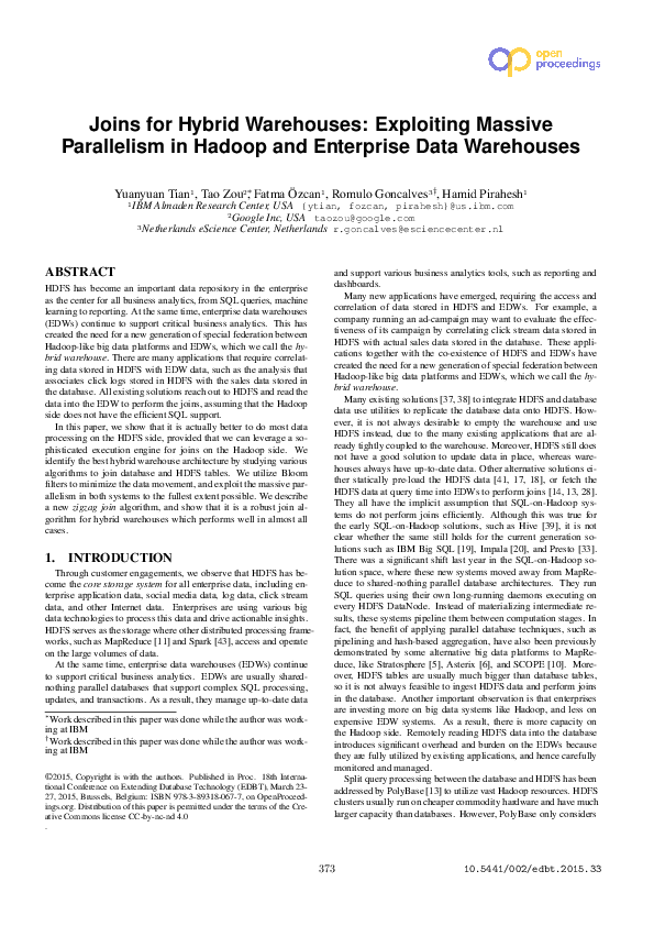 Pdf Joins For Hybrid Warehouses Exploiting Massive Parallelism In Hadoop And Enterprise Data