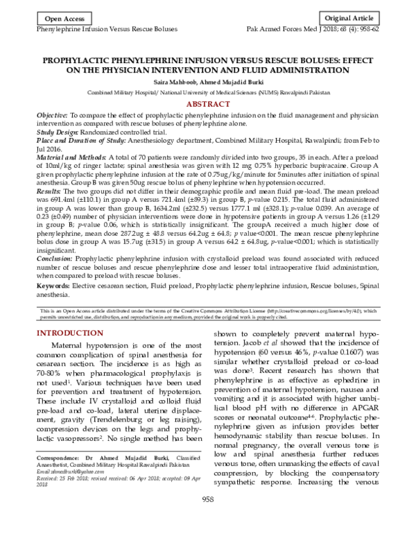 (PDF) Prophylactic Phenylephrine Infusion Versus Rescue Boluses: Effect ...