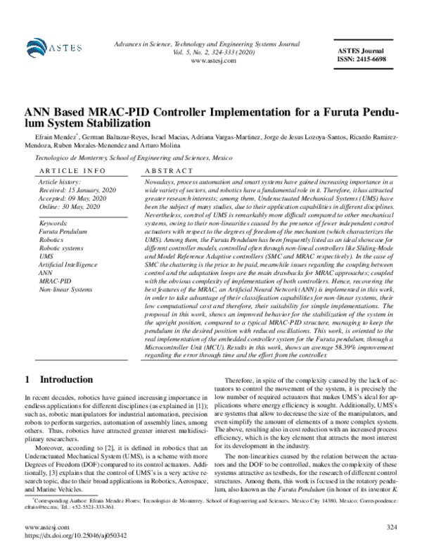 (PDF) ANN Based MRAC-PID Controller Implementation for a Furuta Pendulum System Stabilization