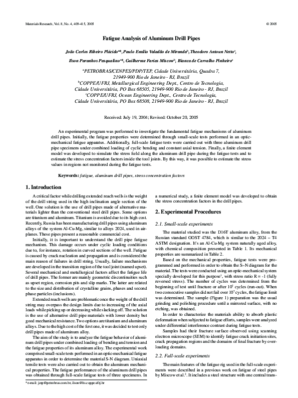 (PDF) Fatigue analysis of aluminum drill pipes