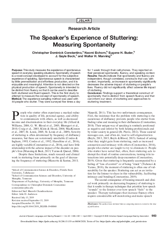 (PDF) The Speaker's Experience of Stuttering: Measuring Spontaneity