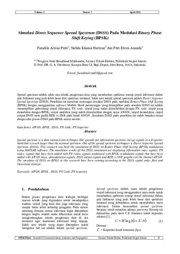 Pdf Simulasi Direct Sequence Spread Spectrum Dsss Pada Modulasi Binary Phase Shift Keying