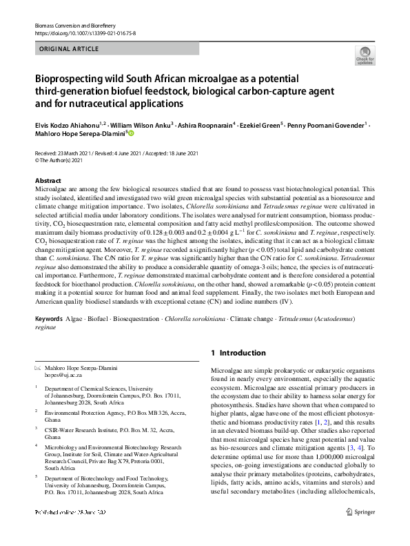 (PDF) Bioprospecting wild South African microalgae as a potential third ...