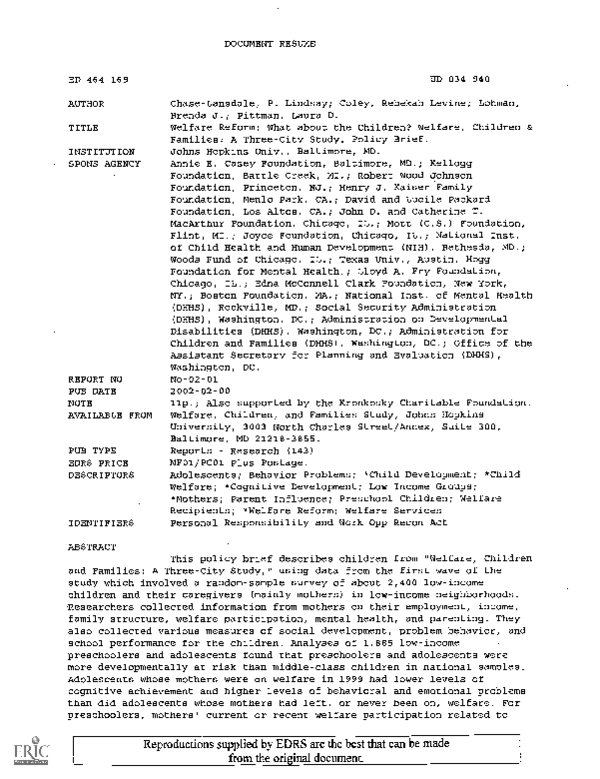 (PDF) Welfare Reform: What about the Children? Welfare, Children ...