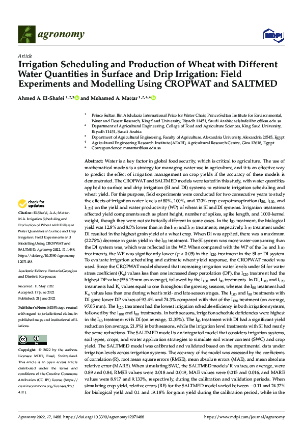 (PDF) Irrigation Scheduling and Production of Wheat with Different Water Quantities in Surface ...