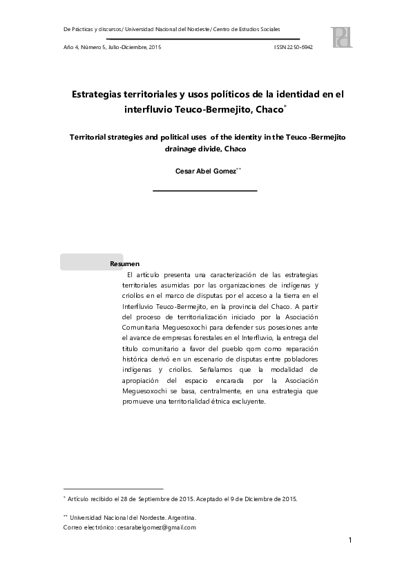 (PDF) Estrategias territoriales y usos políticos de la identidad en el ...
