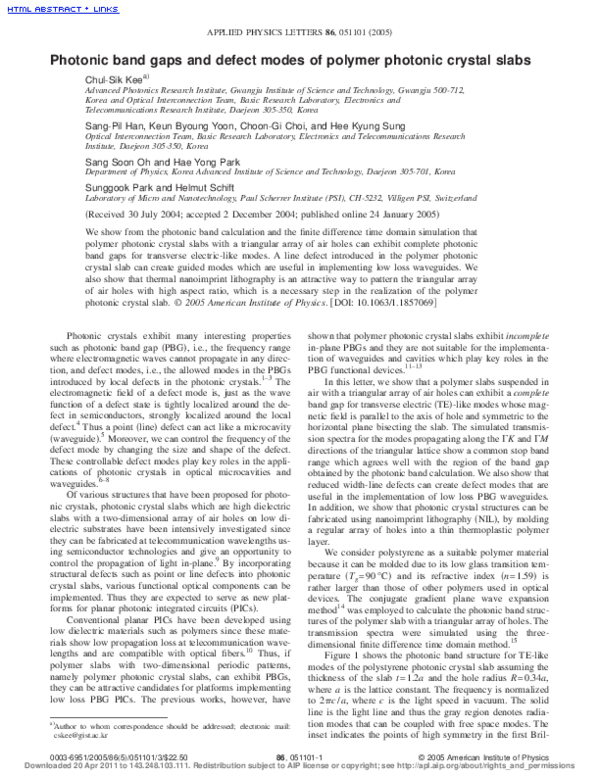 (PDF) Photonic band gaps and defect modes of polymer photonic crystal slabs
