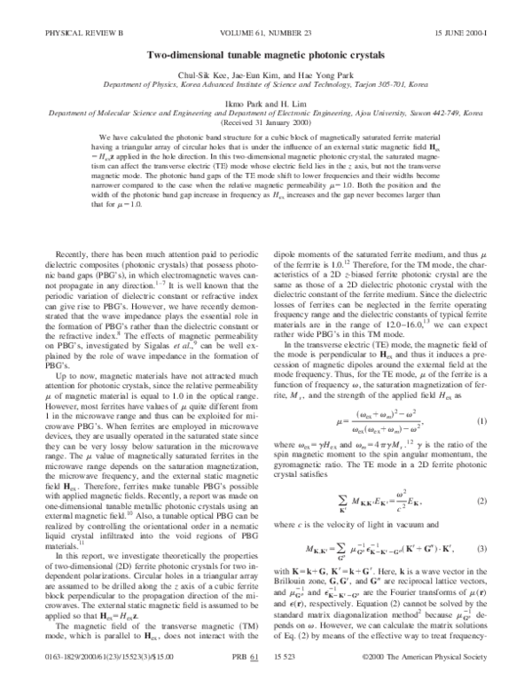 (PDF) Two-dimensional tunable magnetic photonic crystals
