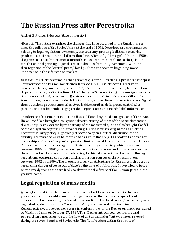 (PDF) The Russian Press after Perestroika