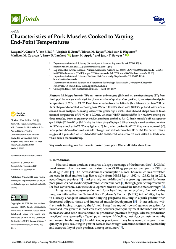 (PDF) Characteristics of Pork Muscles Cooked to Varying End-Point ...