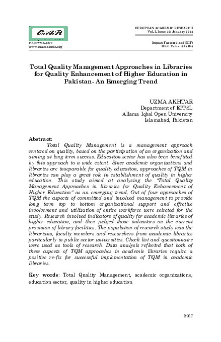 (PDF) Total Quality Management Approaches in Libraries for Quality ...
