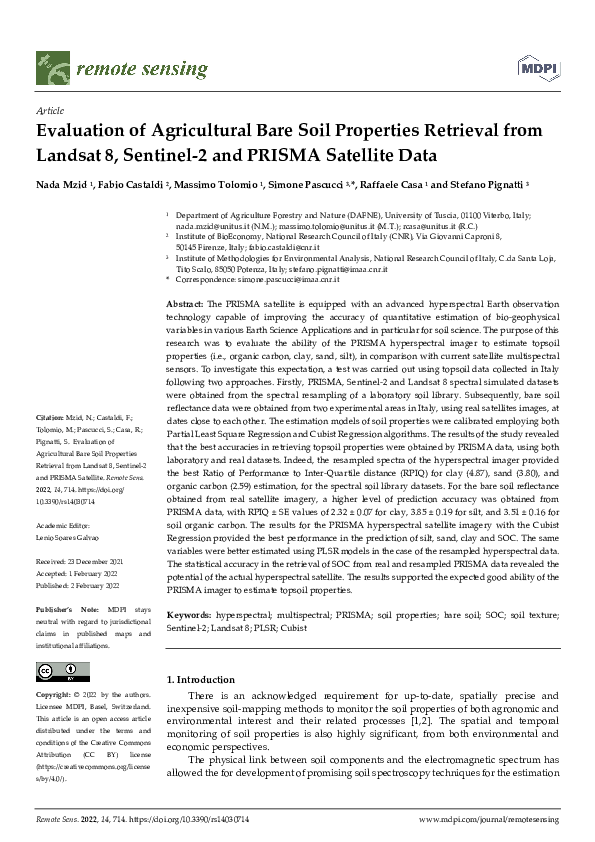 (PDF) Evaluation of Agricultural Bare Soil Properties Retrieval from Landsat 8, Sentinel-2 and ...