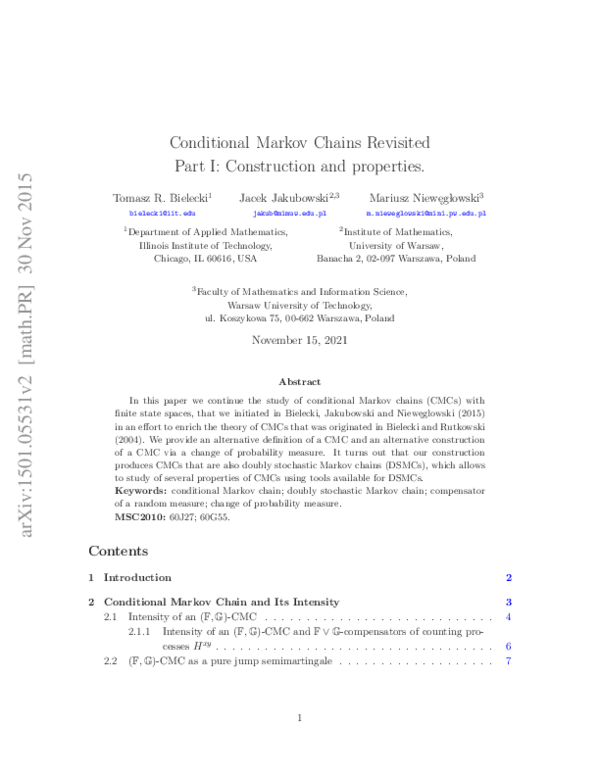 (PDF) Conditional Markov Chains Revisited Part I: Construction and properties | Tomasz Bielecki ...