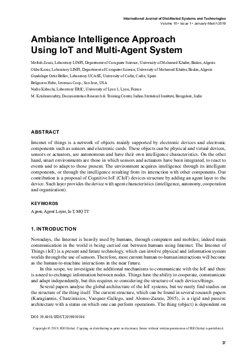 (PDF) Ambiance Intelligence Approach Using IoT and Multi-Agent System