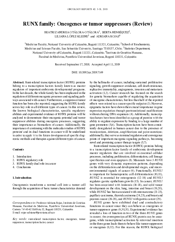 (PDF) RUNX family: Oncogenes or tumor suppressors (Review)