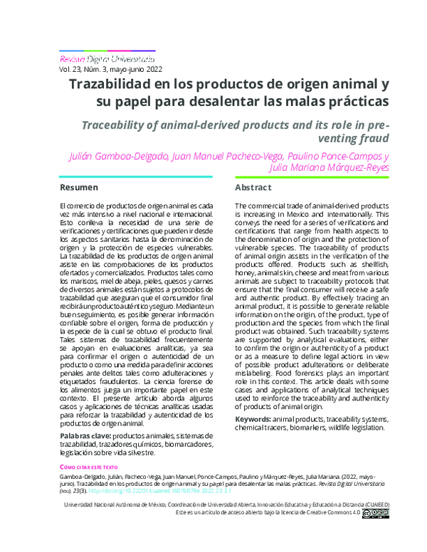 (PDF) Trazabilidad en los productos de origen animal y su papel para desalentar las malas prácticas