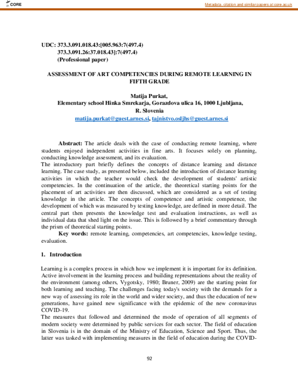 (PDF) Assessment of Art Competencies During Remote Learning in Fifth Grade