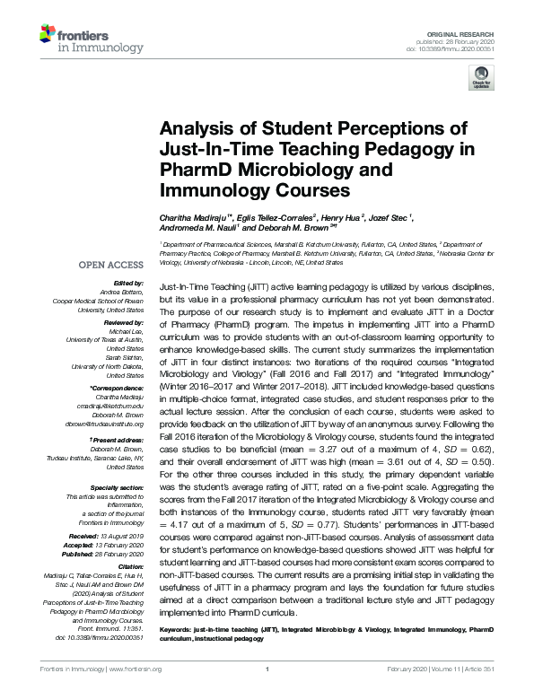 (PDF) Analysis of Student Perceptions of Just-In-Time Teaching Pedagogy in PharmD Microbiology ...