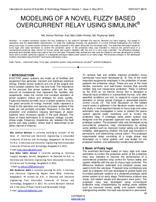 (PDF) Modeling of a Novel Fuzzy Based Overcurrent Relay Using Simulink®
