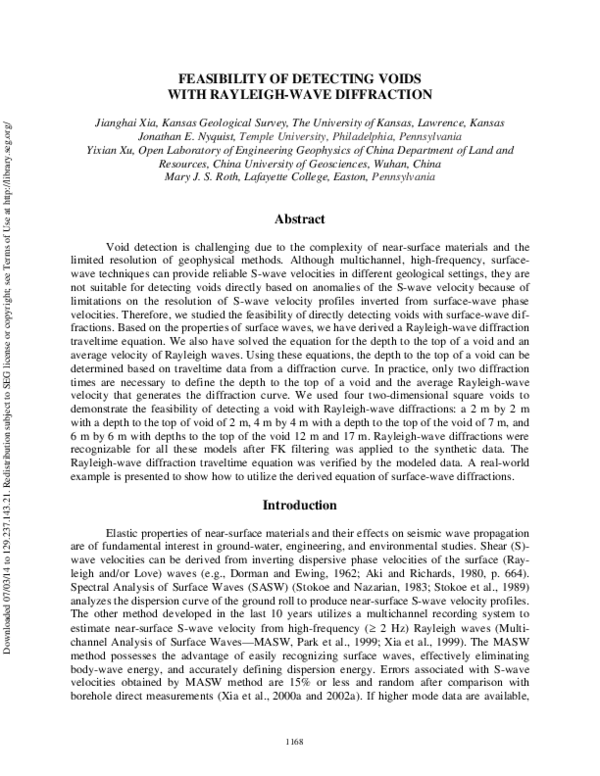 (PDF) Feasibility of Detecting Voids with Rayleigh‐Wave Diffraction